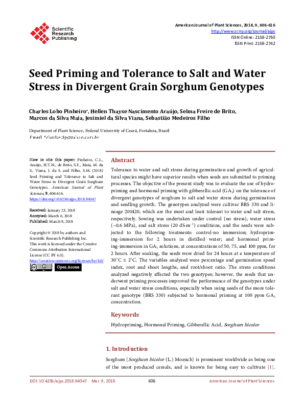 (PDF) Seed Priming and Tolerance to Salt and Water Stress in Divergent Grain Sorghum Genotypes
