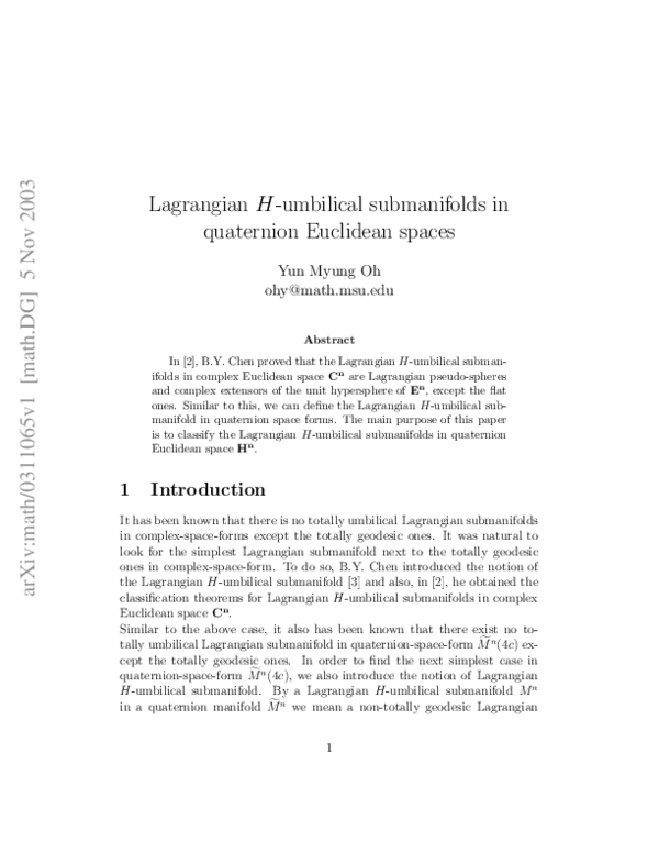 Pdf Lagrangian H Umbilical Submanifolds In Quaternion Euclidean Spaces