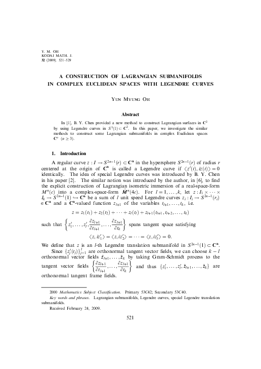 (PDF) A construction of Lagrangian submanifolds in complex Euclidean spaces with legendre curves