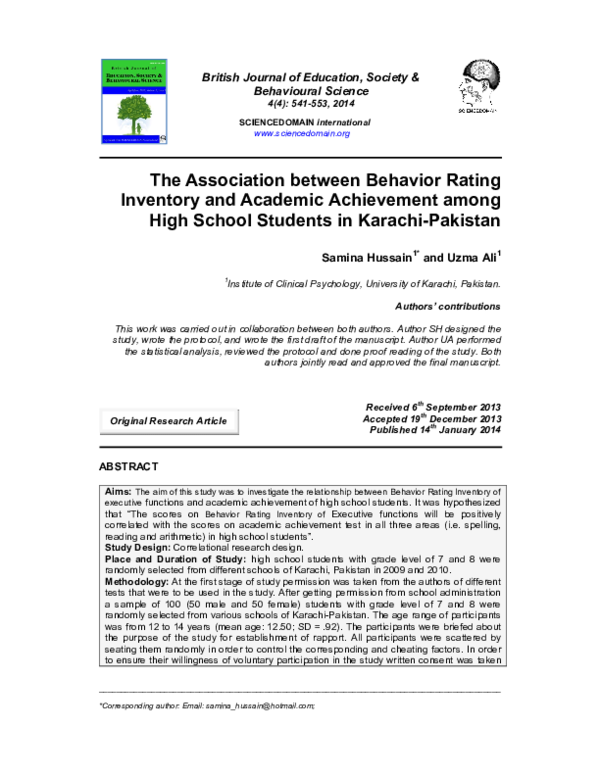 (PDF) The Association between Behavior Rating Inventory and Academic ...