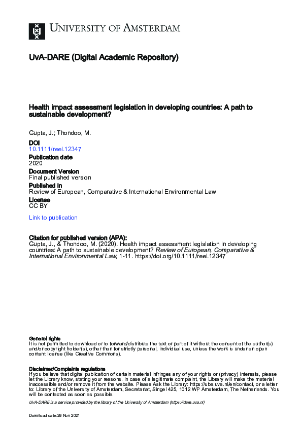 (PDF) Health impact assessment legislation in developing countries: A ...