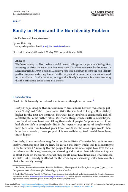 (PDF) Bontly on Harm and the Non-Identity Problem | Erik Carlson ...