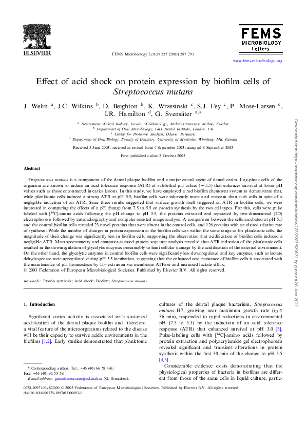 (PDF) Effect of acid shock on protein expression by biofilm cells ...