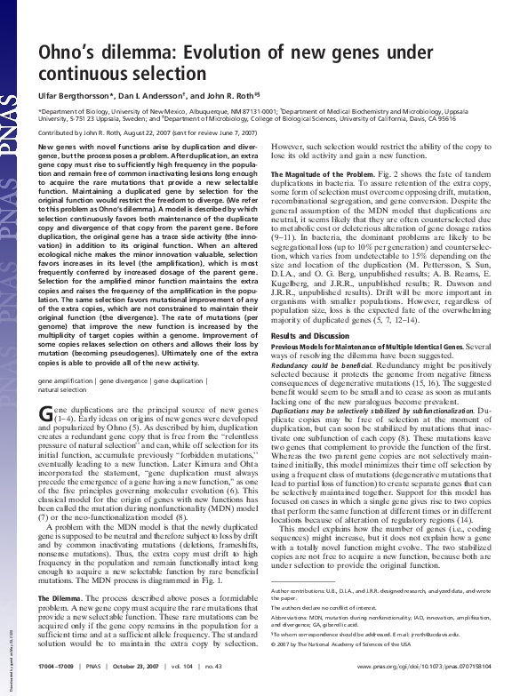 (PDF) Ohno's dilemma: Evolution of new genes under continuous selection