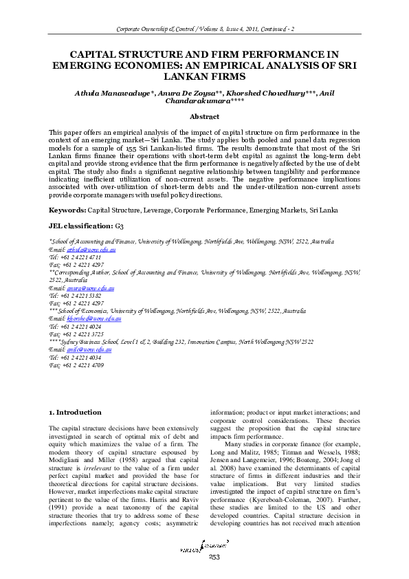 (PDF) Capital structure and firm performance in emerging economies: An ...