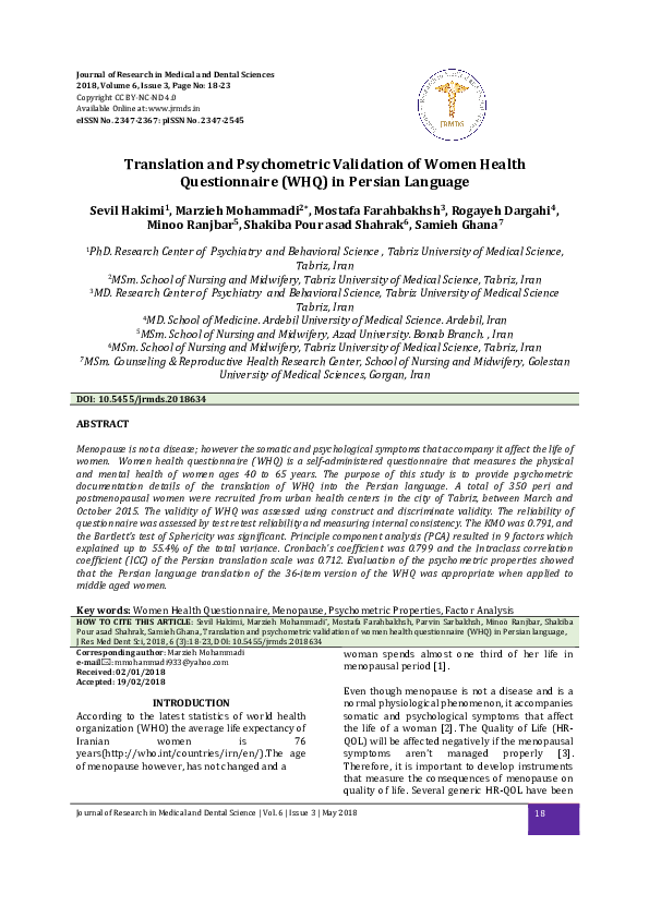 Pdf Translation And Psychometric Validation Of Women Health