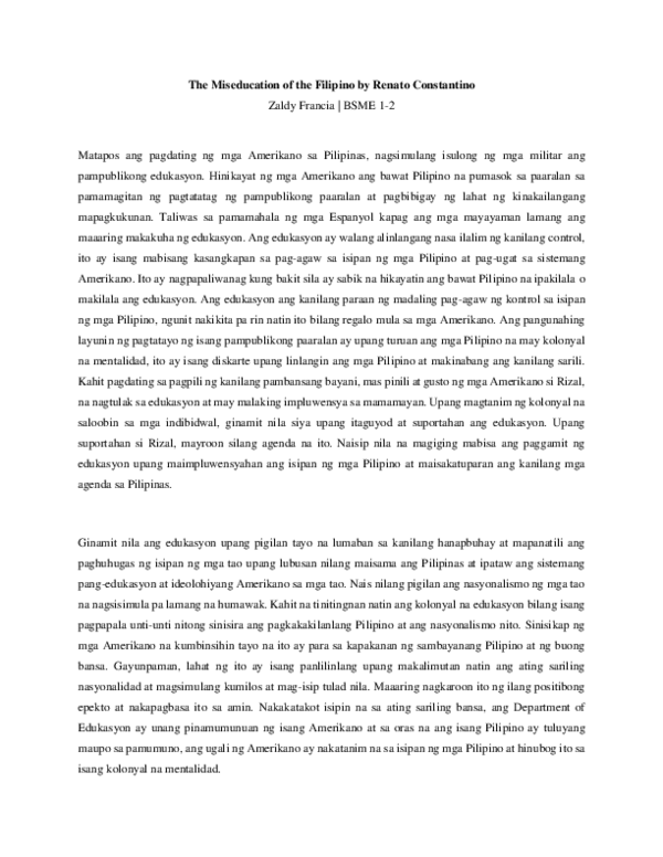 (PDF) The Miseducation of the Filipino by Renato Constantino