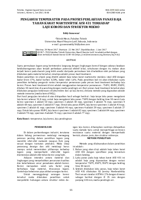 (PDF) Pengaruh Temperatur Pada Proses Perlakuan Panas Baja Tahan Karat Martensitik Aisi 431 ...