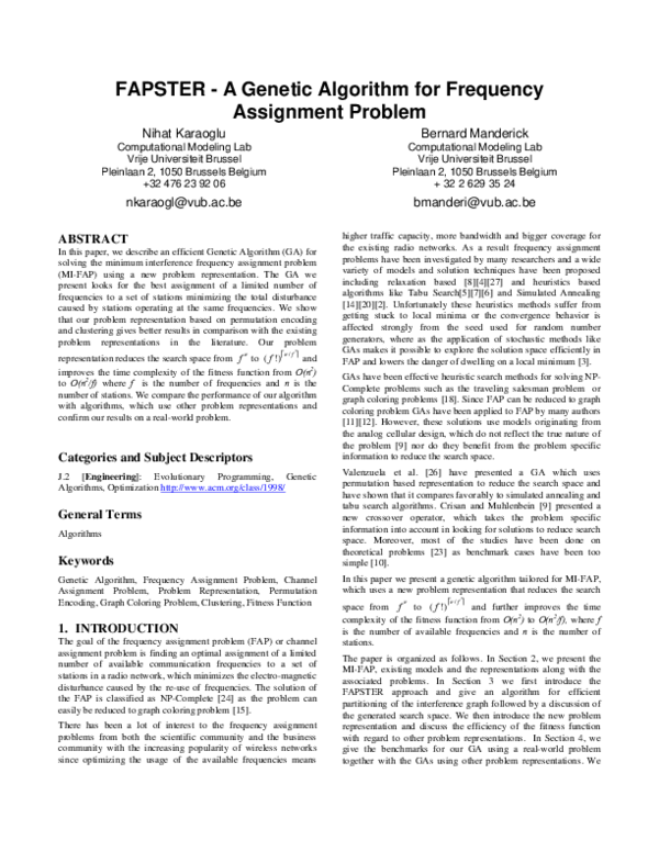(PDF) FAPSTER-a genetic algorithm for frequency assignment problem