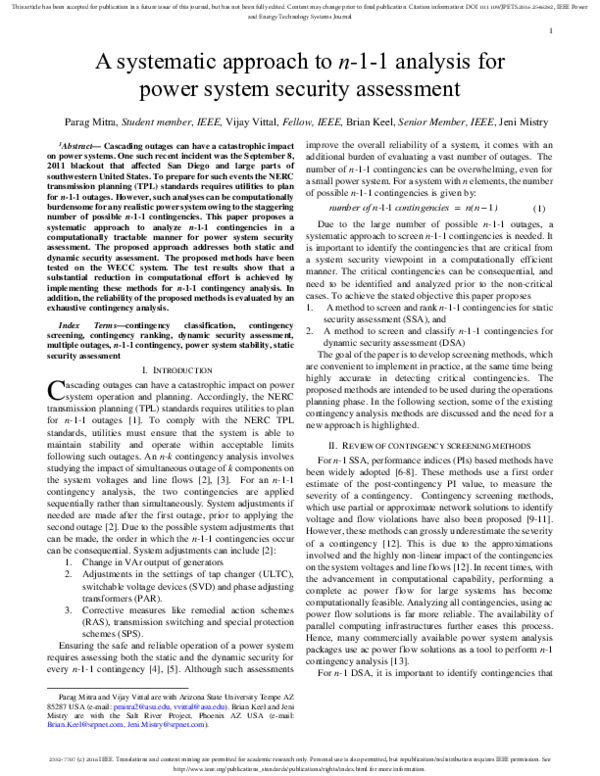 Pdf A Systematic Approach To 1 1 Analysis For Power System Security Assessment