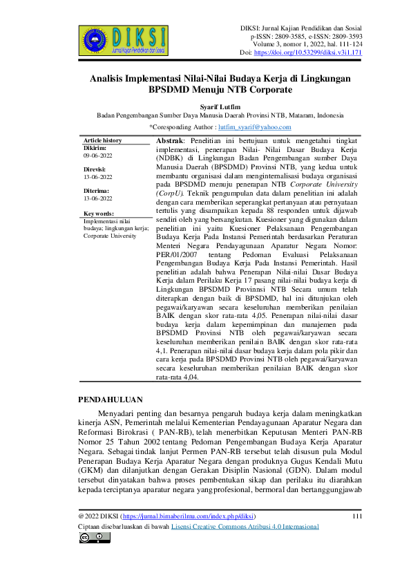 (PDF) Analisis Implementasi Nilai-Nilai Budaya Kerja di Lingkungan ...