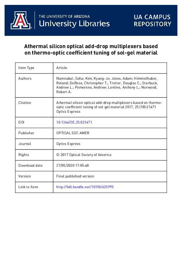 (PDF) Athermal silicon optical add-drop multiplexers based on thermo ...