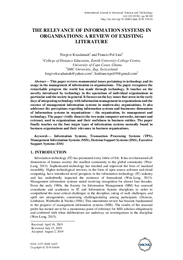 (PDF) The Relevance of Information Systems in Organisations: A Review ...