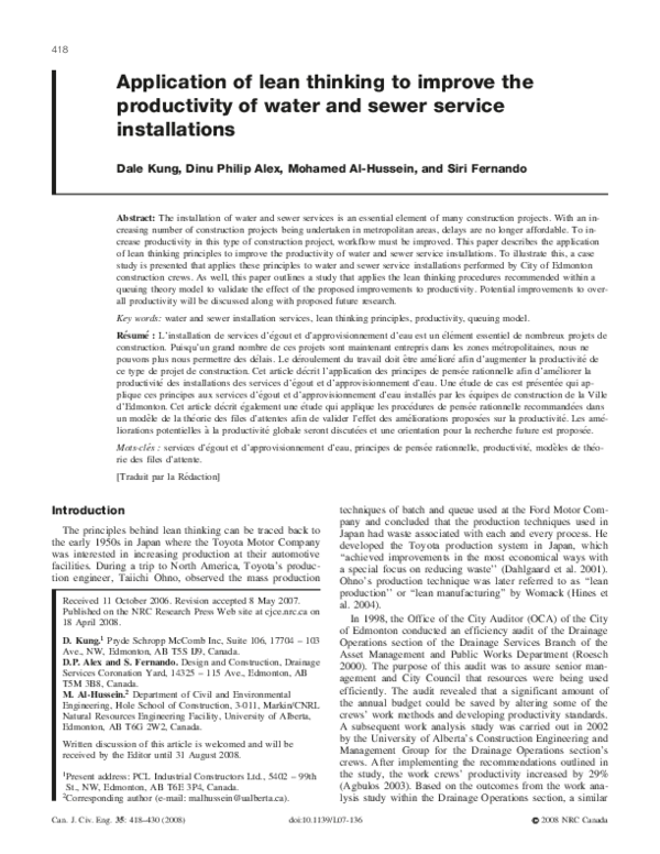 (PDF) Application of lean thinking to improve the productivity of water ...
