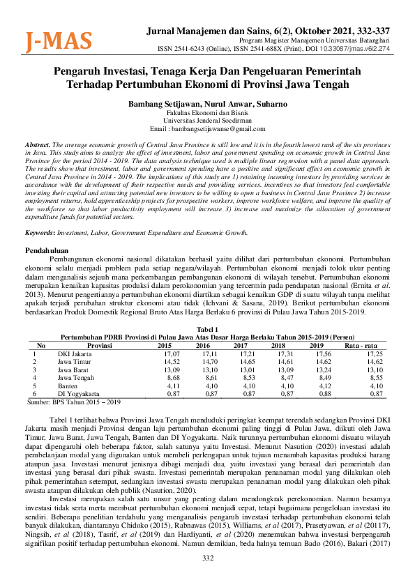 (PDF) Pengaruh Investasi, Tenaga Kerja Dan Pengeluaran Pemerintah Terhadap Pertumbuhan Ekonomi ...