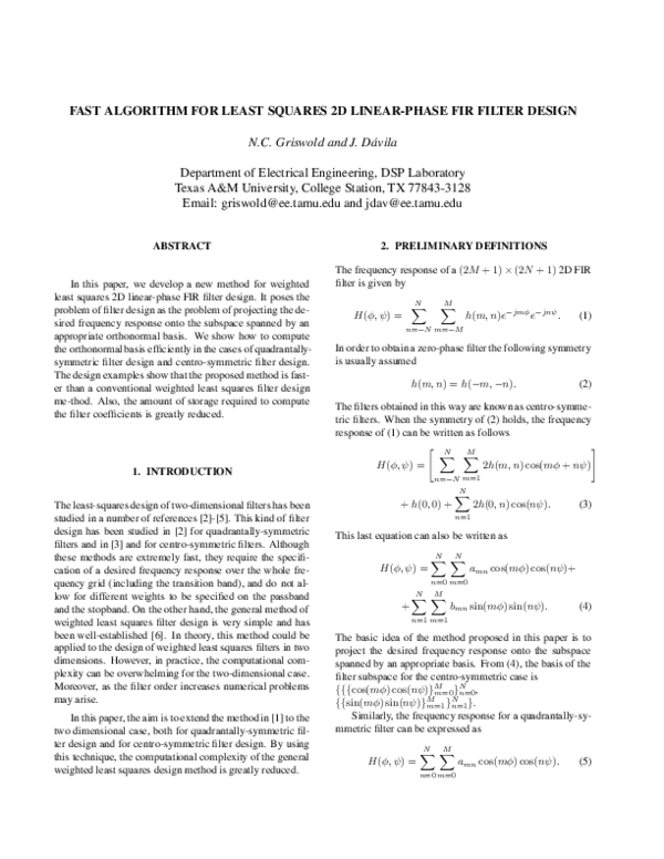 (PDF) Fast algorithm for least squares 2D linear-phase FIR filter design