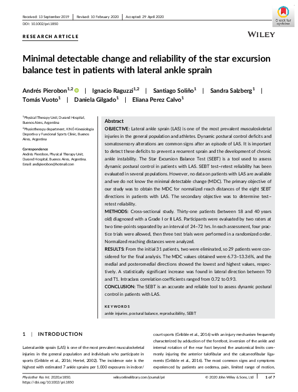 (PDF) Minimal detectable change and reliability of the star excursion ...