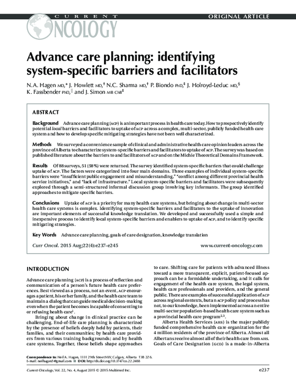 (PDF) Advance care planning: identifying system-specific barriers and ...