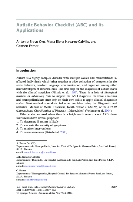 (PDF) Autistic Behavior Checklist (ABC) and Its Applications