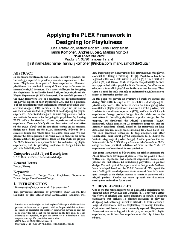 (PDF) Applying the PLEX framework in designing for playfulness