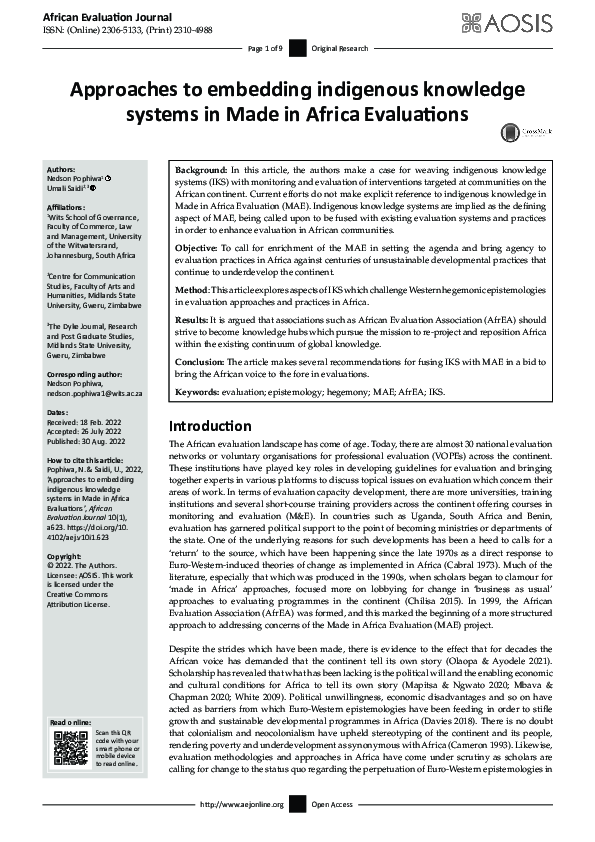 (PDF) Approaches to embedding indigenous knowledge systems in Made in Africa Evaluations