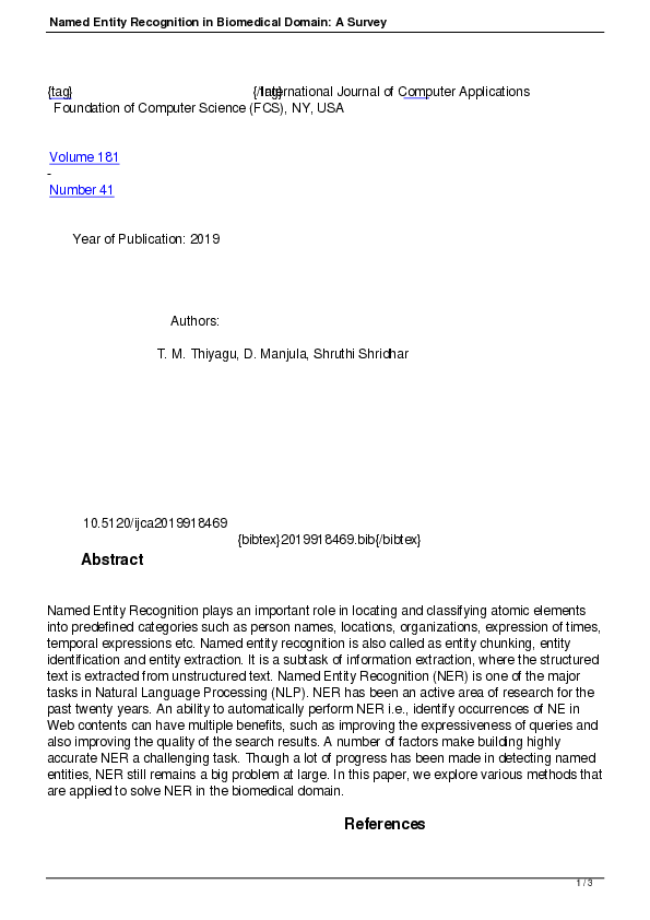 (PDF) Named Entity Recognition in Biomedical Domain: A Survey