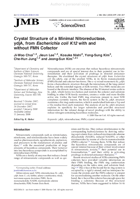 (PDF) Crystal Structure of a Minimal Nitroreductase, ydjA, from ...