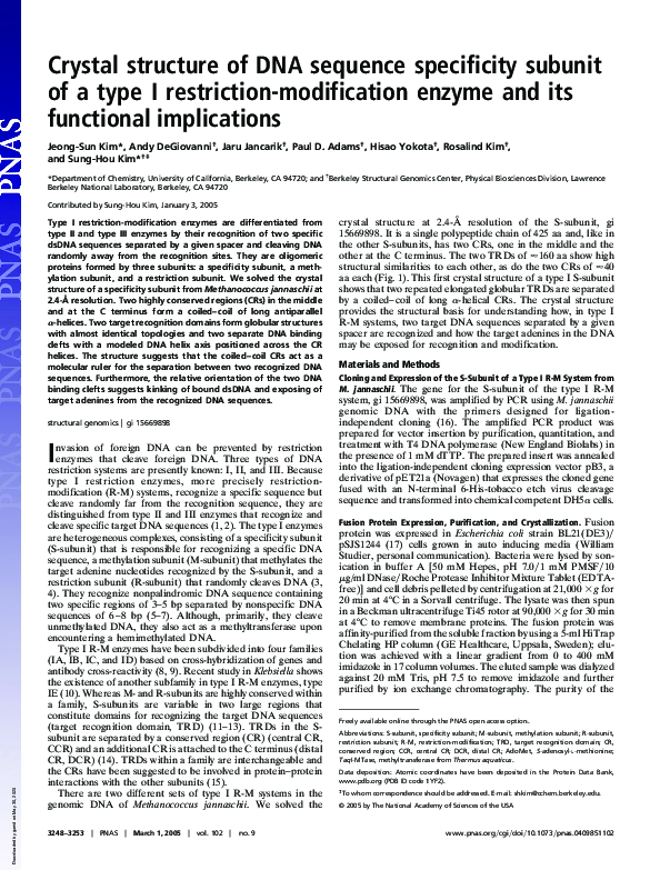 (PDF) Crystal structure of DNA sequence specificity subunit of a type I restriction-modification ...