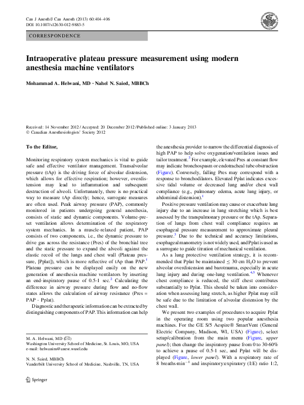 (PDF) Intraoperative plateau pressure measurement using modern ...
