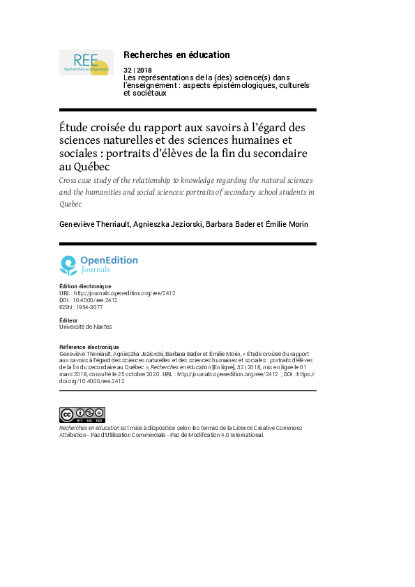 (PDF) Étude croisée du rapport aux savoirs à l’égard des sciences naturelles et des sciences ...