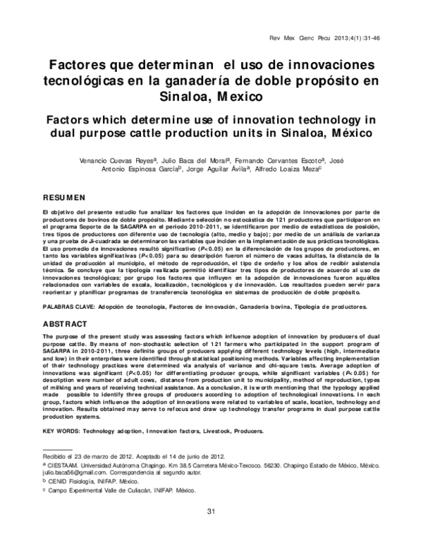 Factores que determinan el uso de innovaciones tecnológicas en la ganadería de doble propósito ...