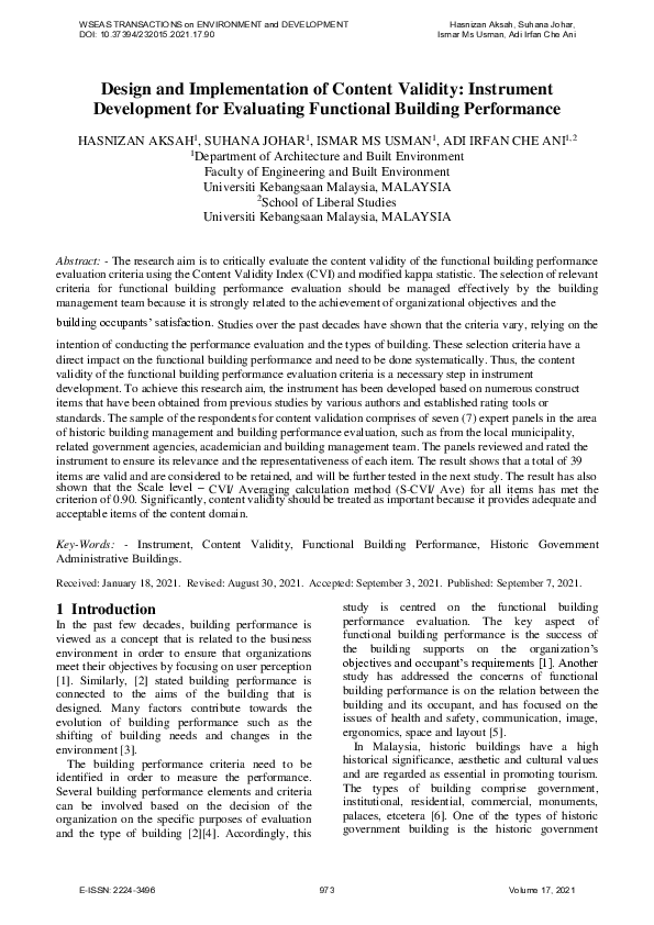(PDF) Design and Implementation of Content Validity: Instrument Development for Evaluating ...