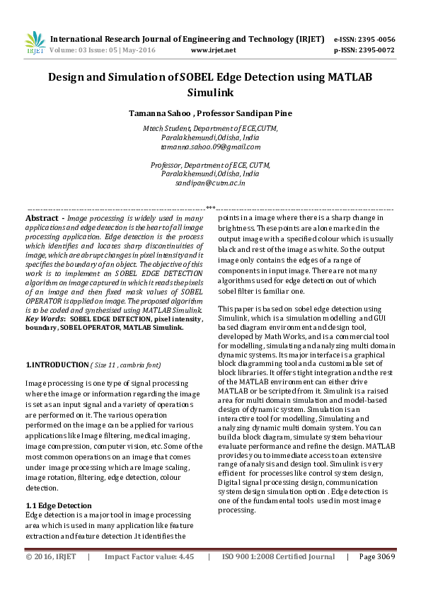 Pdf Design And Simulation Of Sobel Edge Detection Using Matlab Simulink 