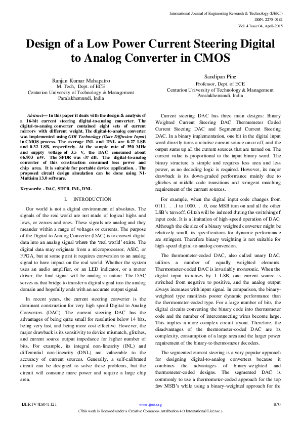 (PDF) Design of a Low Power Current Steering Digital to Analog Converter in CMOS