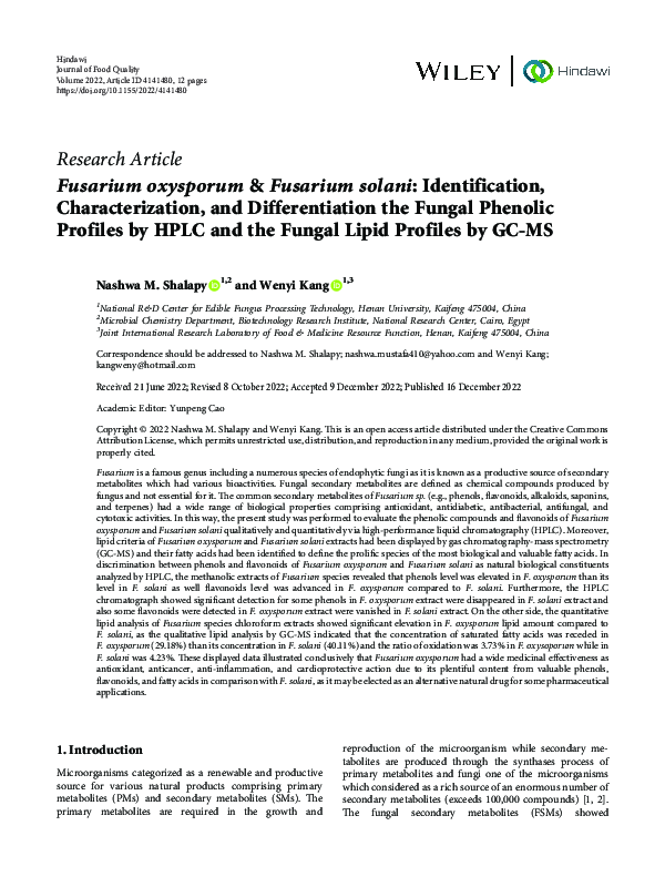 Pdf Fusarium Oxysporum And Fusarium Solani Identification Characterization And