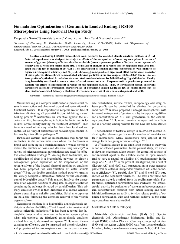Pdf Formulation Optimization Of Gentamicin Loaded Eudragit Rs100 Microspheres Using Factorial