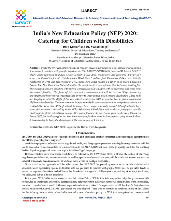 (PDF) India's New Education Policy (NEP) 2020 Creating Children with Disability
