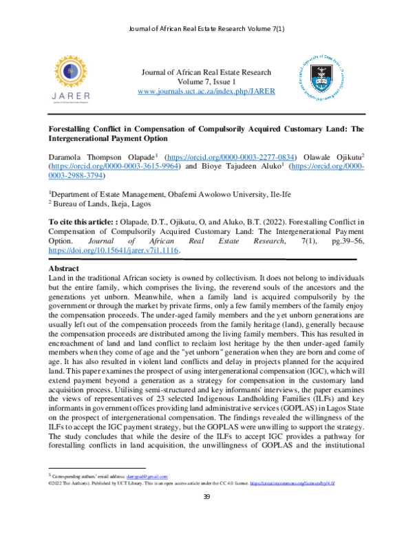 (PDF) Forestalling Conflict in Compensation of Compulsorily Acquired ...