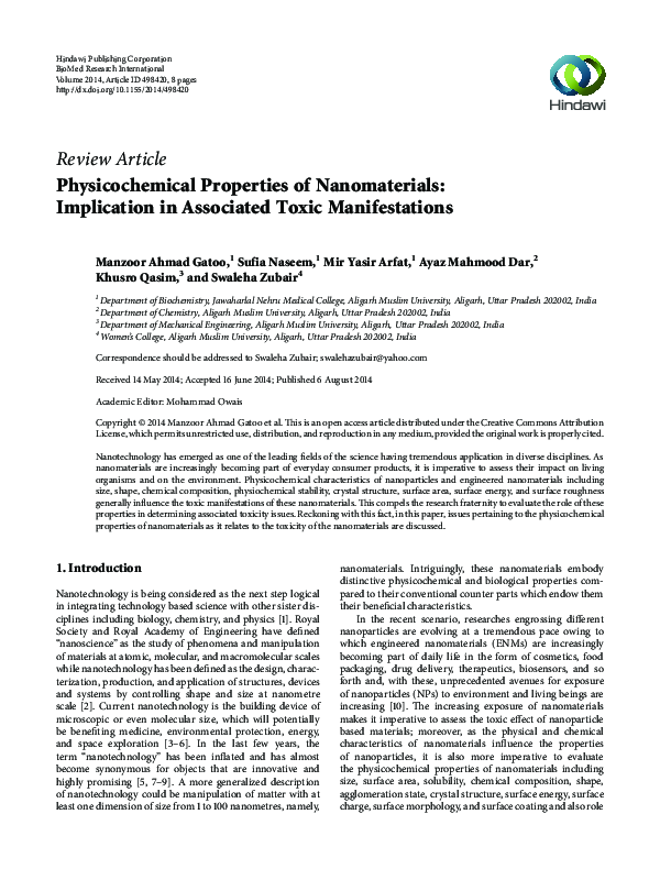(PDF) Physicochemical Properties of Nanomaterials: Implication in ...