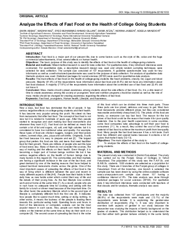 (PDF) Analyze the Effects of Fast Food on the Health of College Going ...