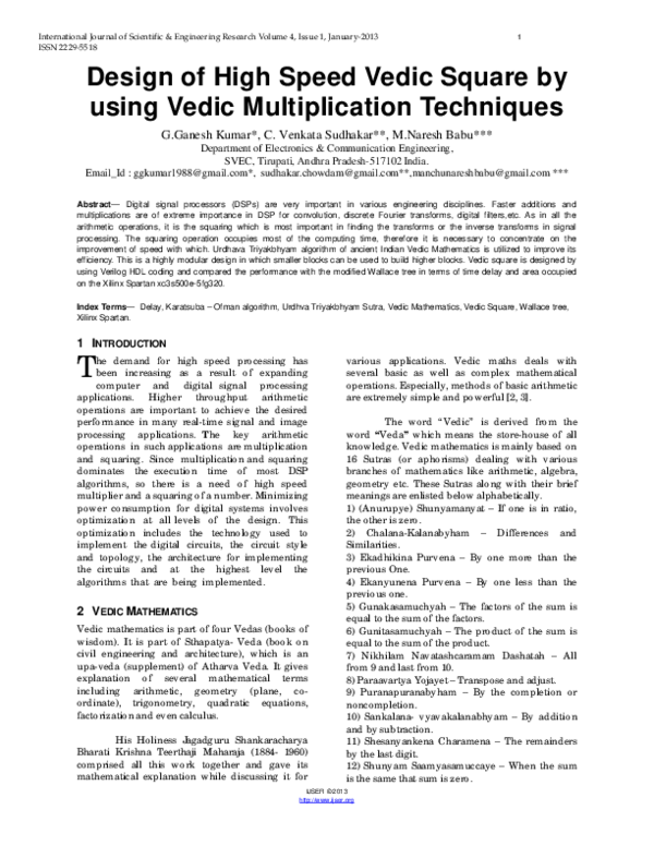 (PDF) Design of High Speed Vedic Square by using Vedic Multiplication ...