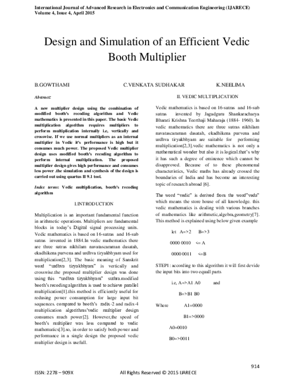 (PDF) Design and Simulation of an Efficient Vedic Booth Multiplier