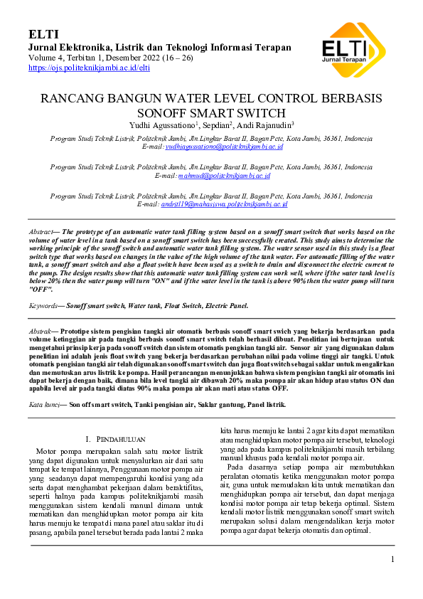 (PDF) Rancang Bangun Water Level Control Berbasis Sonoff Smart Switch
