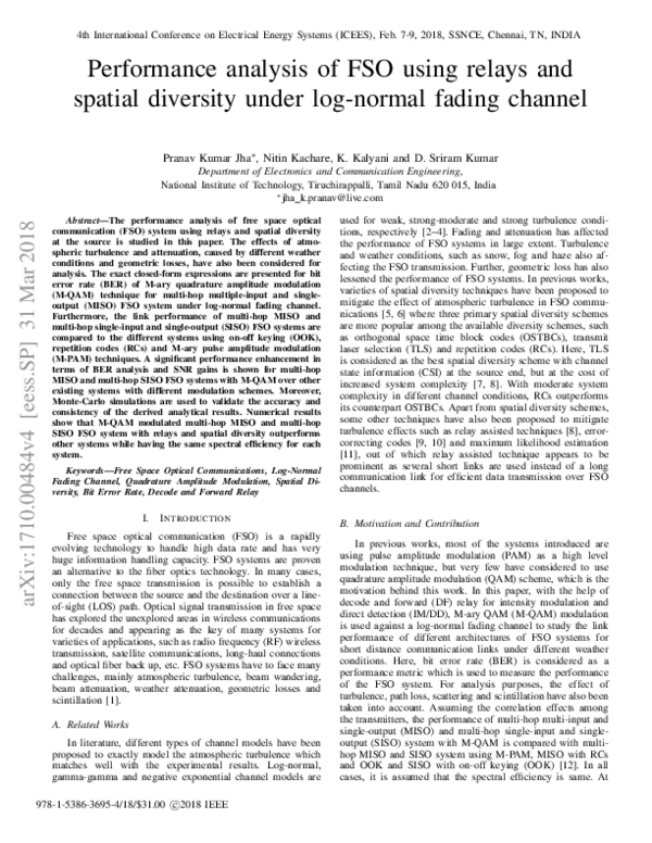 (PDF) Performance analysis of FSO using relays and spatial diversity under log-normal fading channel