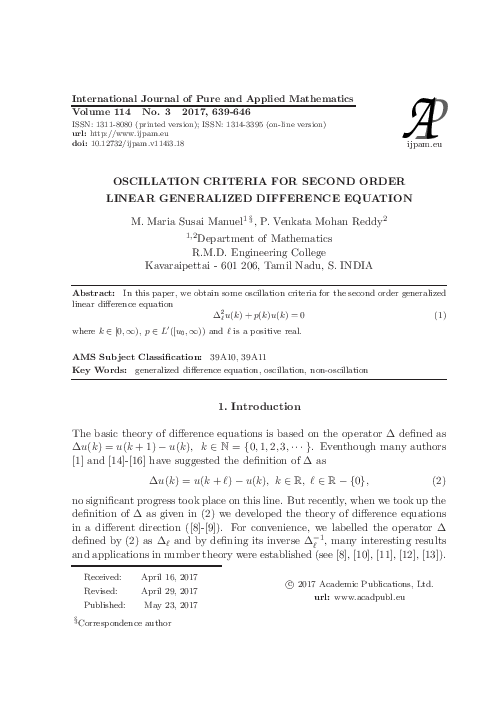 (PDF) Oscillation Criteria for Second Order Linear Generalized Difference Equation