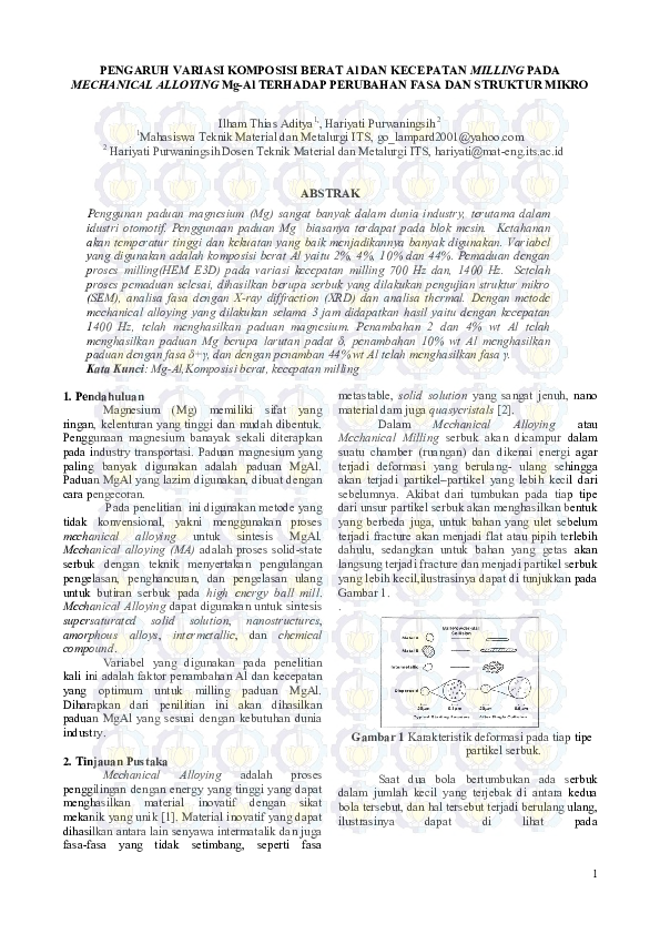 (PDF) PENGARUH VARIASI KOMPOSISI BERAT Al DAN KECEPATAN MILLING PADA MECHANICAL ALLOYING Mg-Al ...