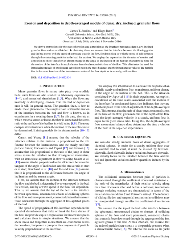 (PDF) Erosion and deposition in depth-averaged models of dense, dry, inclined, granular flows