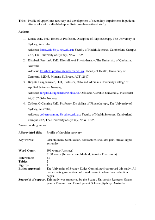 (PDF) Profile of upper limb recovery and development of secondary impairments in patients after ...