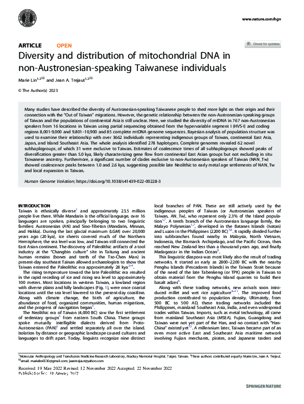 (PDF) Diversity and distribution of mitochondrial DNA in non-Austronesian-speaking Taiwanese ...