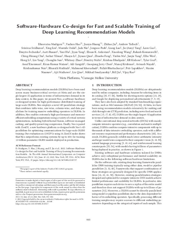 (PDF) Software-hardware co-design for fast and scalable training of deep learning recommendation ...